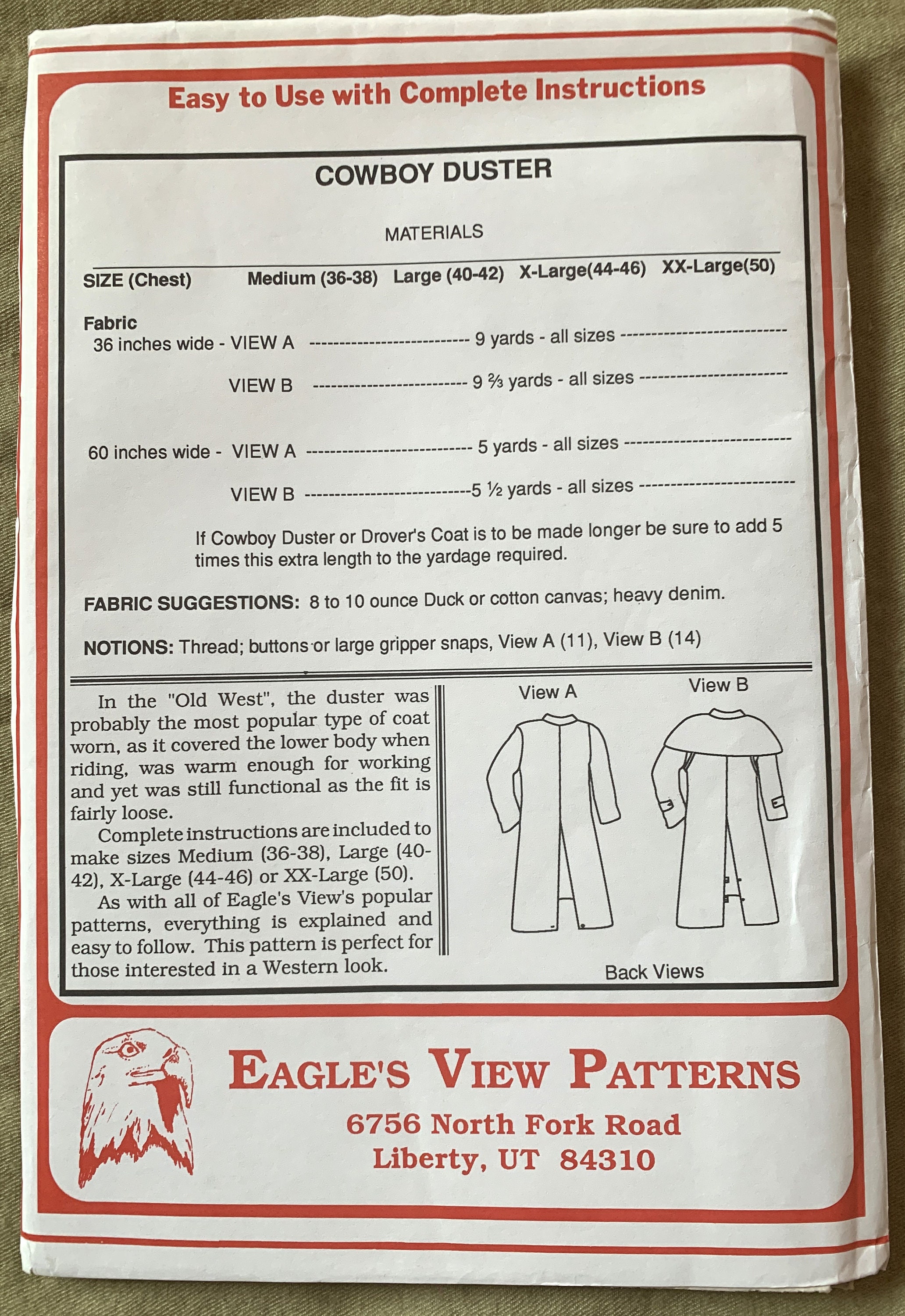 Vintage Eagle 's View Patterns, PM 53 Cowboy Duster, Uncut, Size M-L-XL ...
