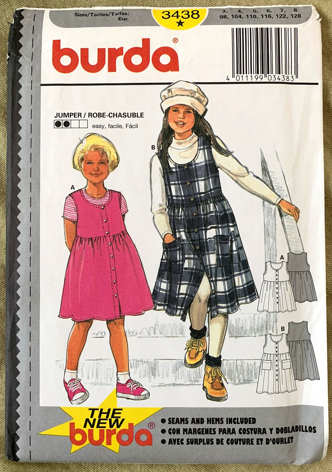 Vintage 1990's Burda Pattern 3438, Girls' Jumper, UNCUT, Size 3/4/5/6/7 ...