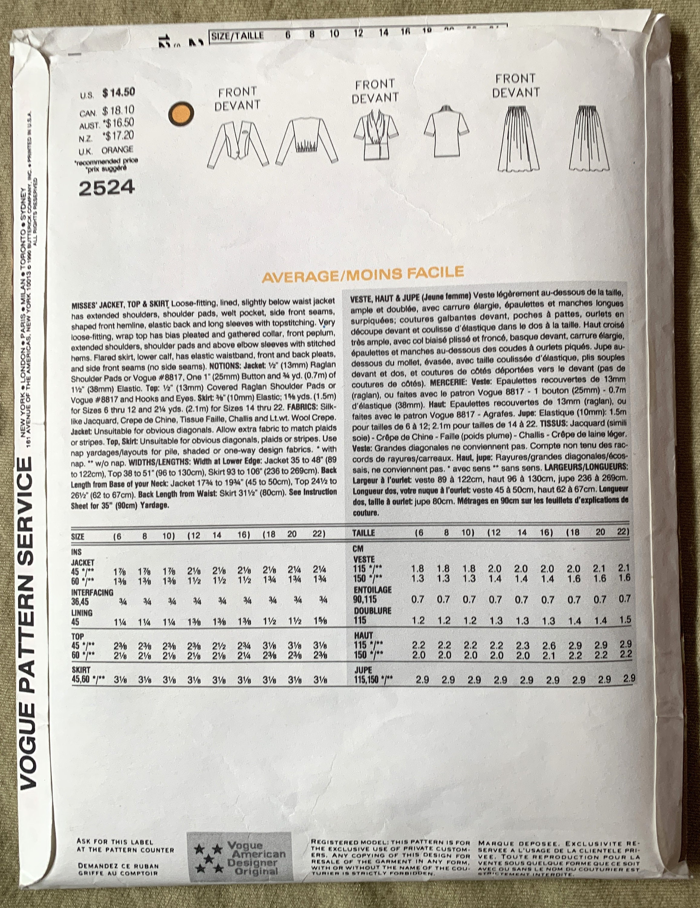 Vintage 1990's Vogue Pattern 2624, Vogue Career, Anne Klein II, Misses ...