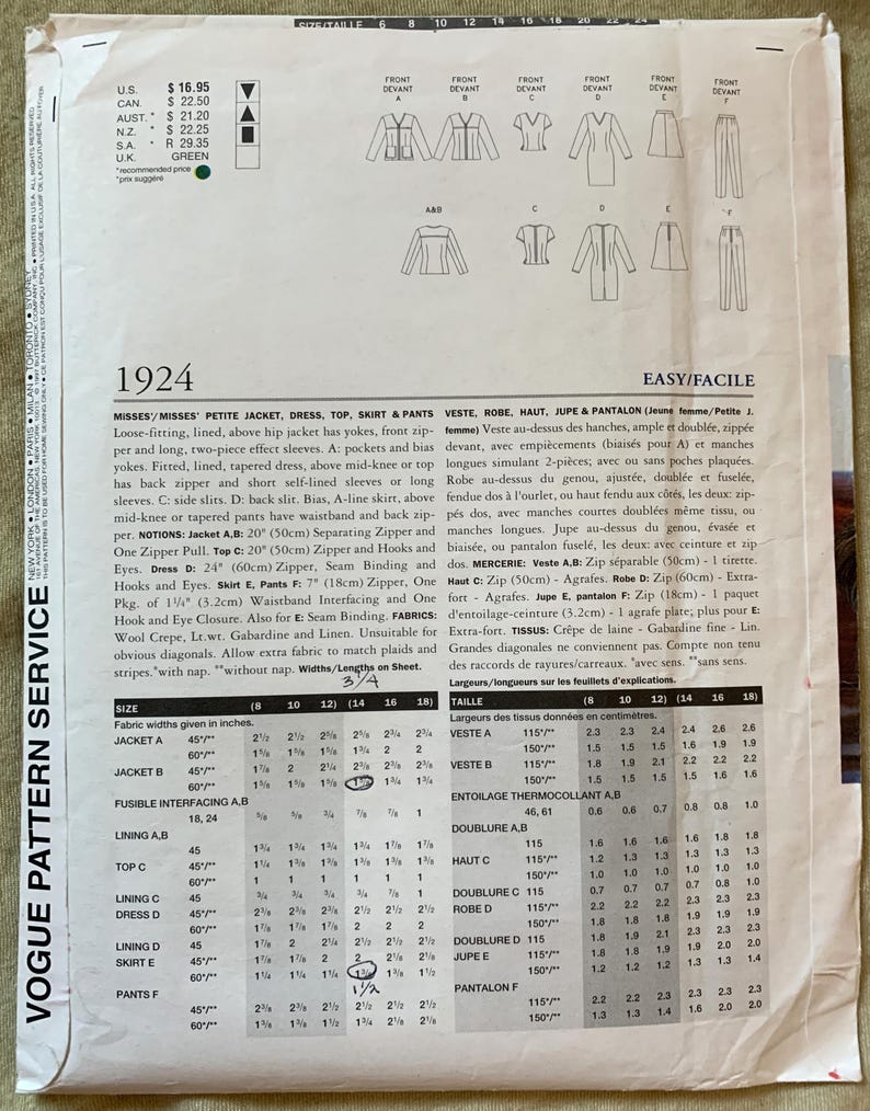 Vintage 1990's Vogue Pattern 1924, Vogue Career Wardrobe, Misses ...