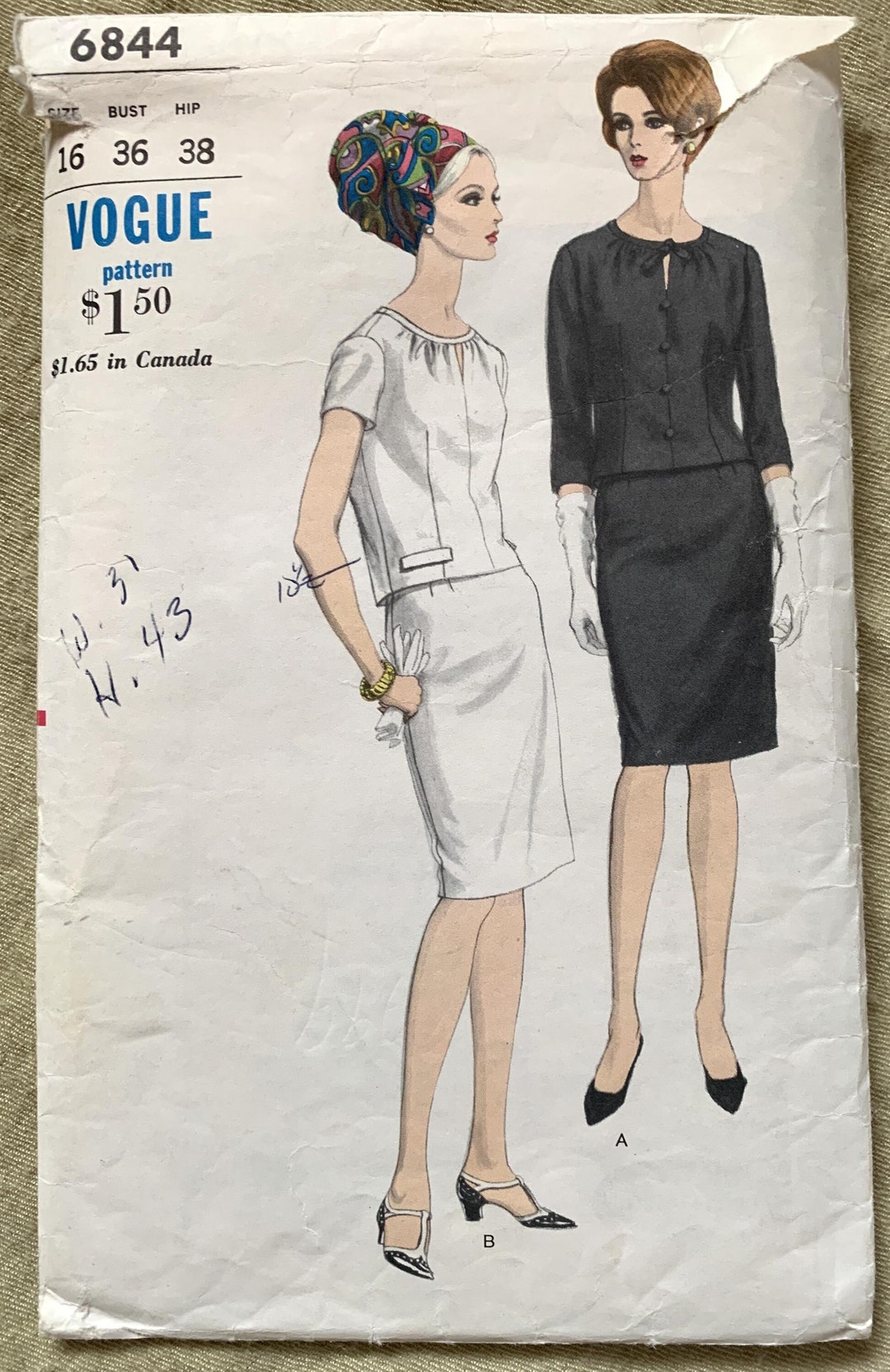 Vintage 1960's Vogue Pattern 6844, Misses' Two-piece Dress, CUT, Size ...