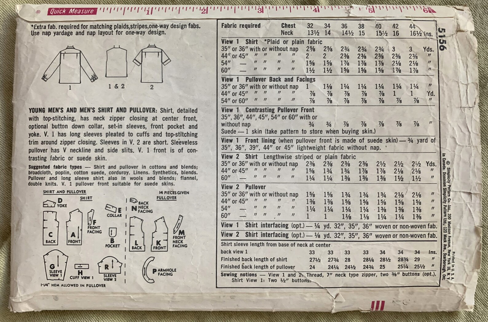 Vintage 1960's Simplicity Pattern 5156, Men's Shirt and Pullover, CUT ...
