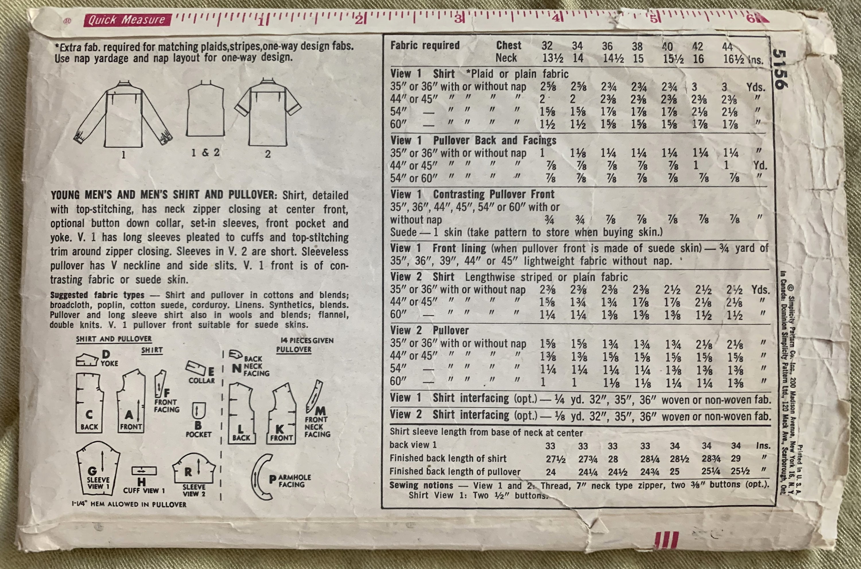 Vintage 1960's Simplicity Pattern 5156, Men's Shirt and Pullover, CUT ...