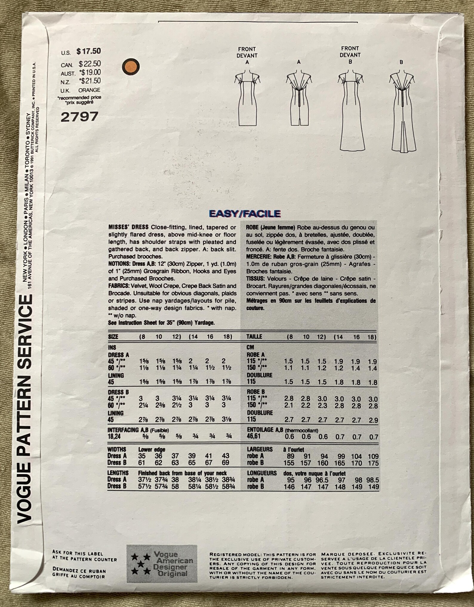 Vintage 1990's Vogue Pattern 2797, American Designer, Oscar De La Renta ...