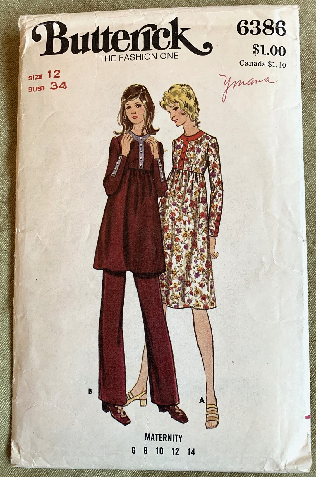 Vintage 1970's Butterick Pattern 6386, Misses' Maternity Dress/top ...