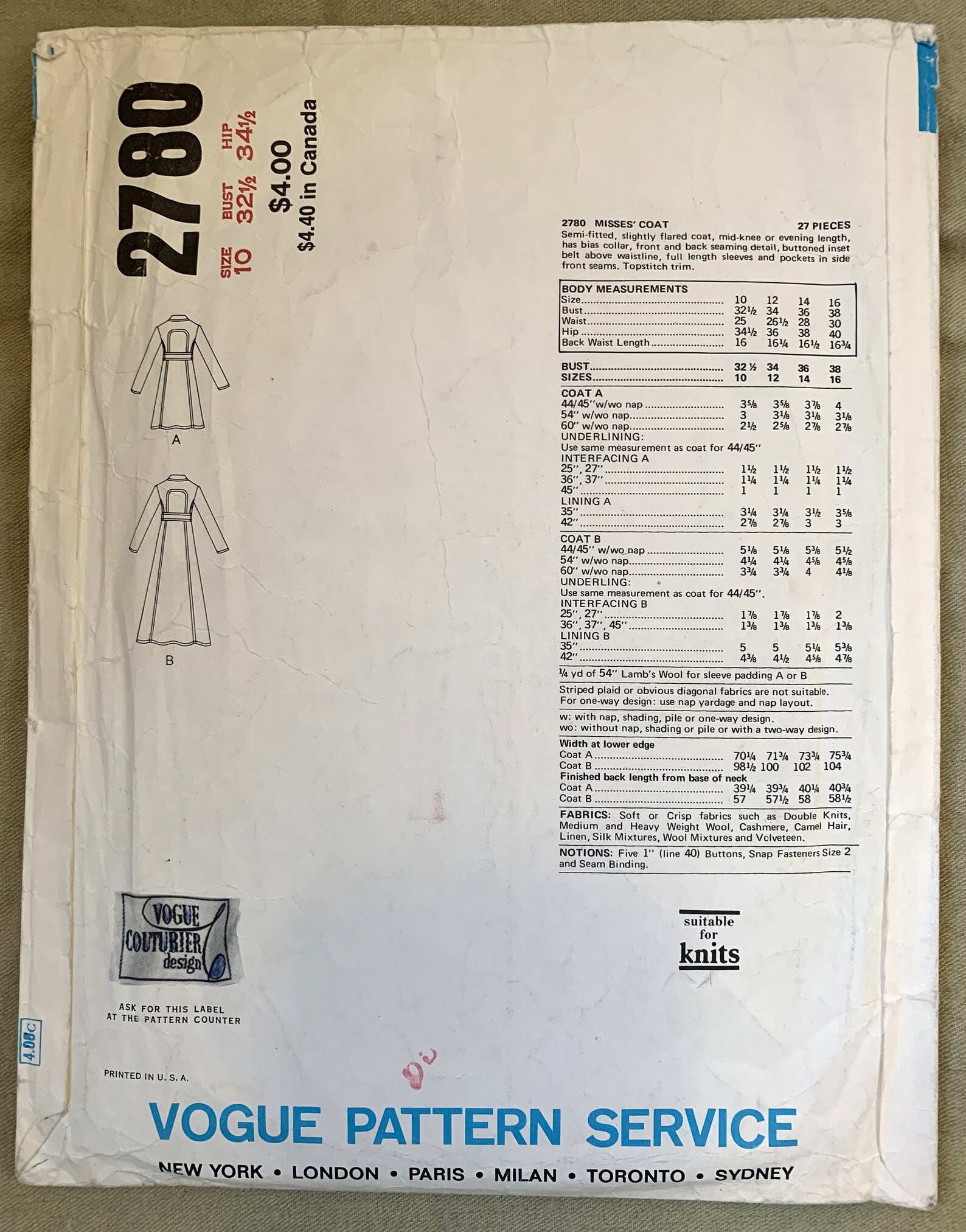 Vintage 1970's Vogue Pattern 2780, Vogue Couturier Design, Fabiani ...