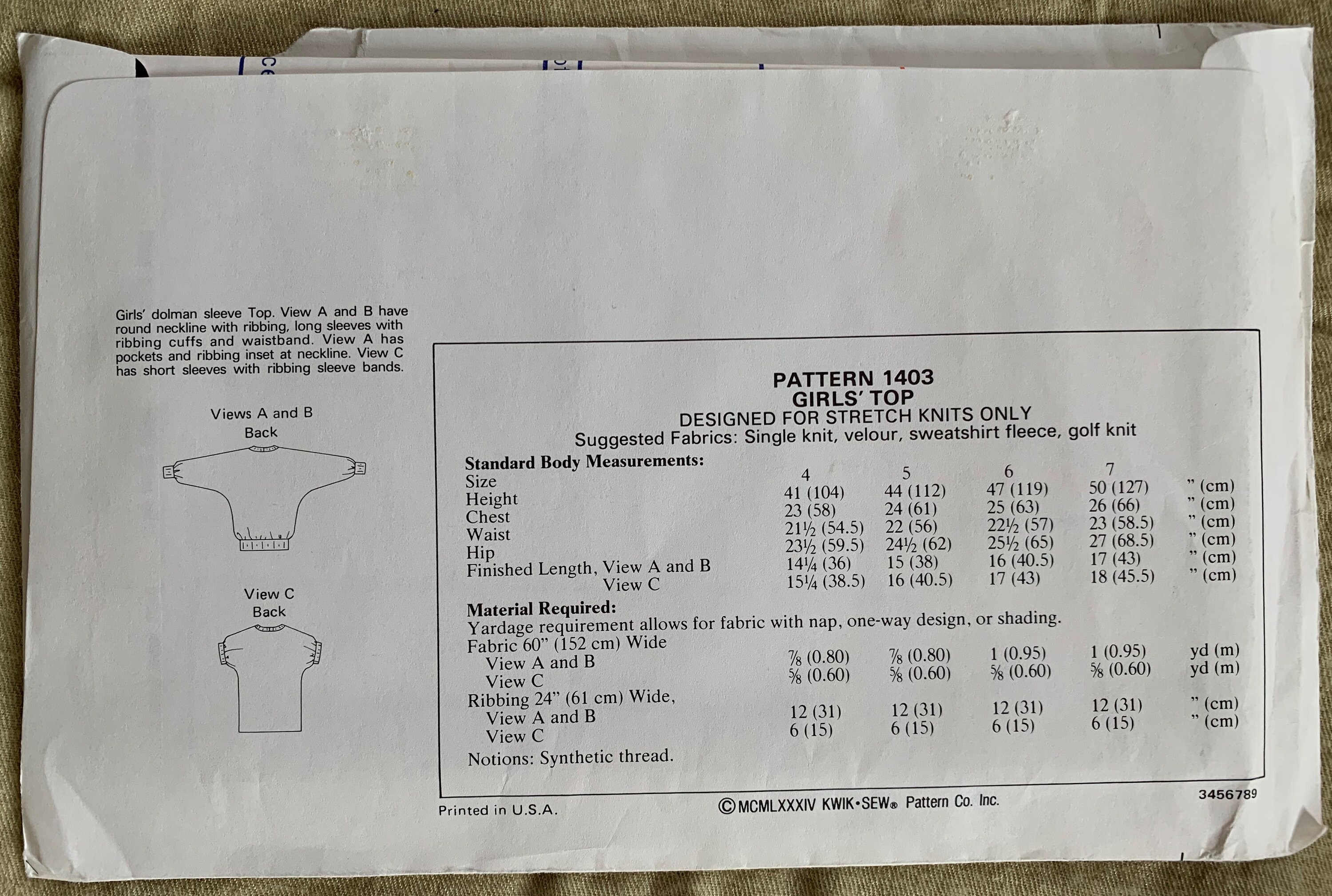 Vintage Kwik Sew Pattern 1403/1404, Girls' Top, UNCUT, Size 4-5-6-7 or ...