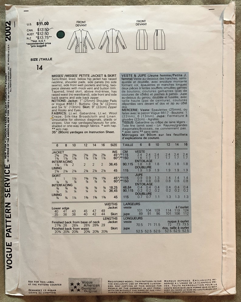 Vintage 1980's Vogue Pattern 2002, American Designer, Calvin Klein ...
