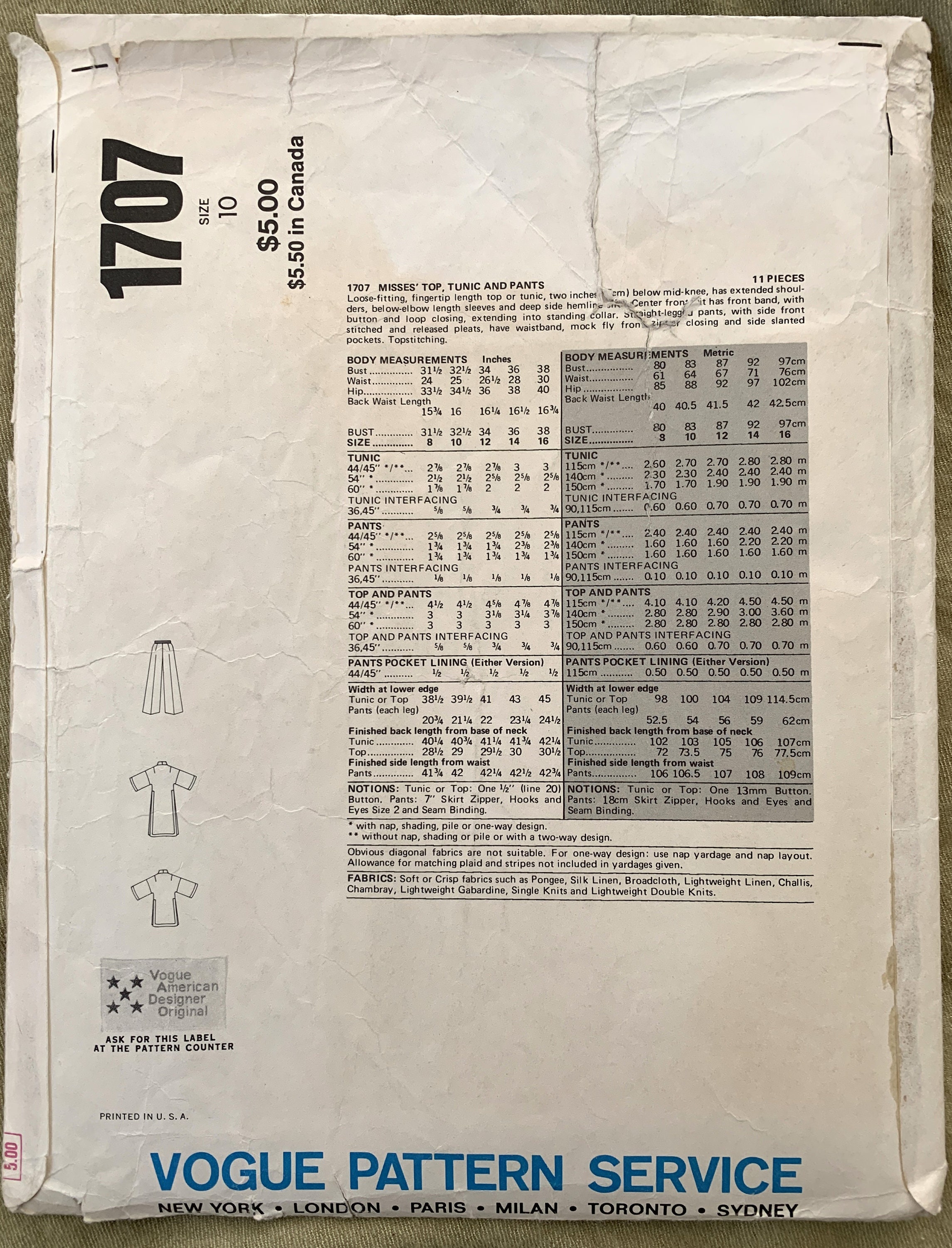 Vintage 1970's Vogue Pattern 1707, American Designer, Anne Klein ...