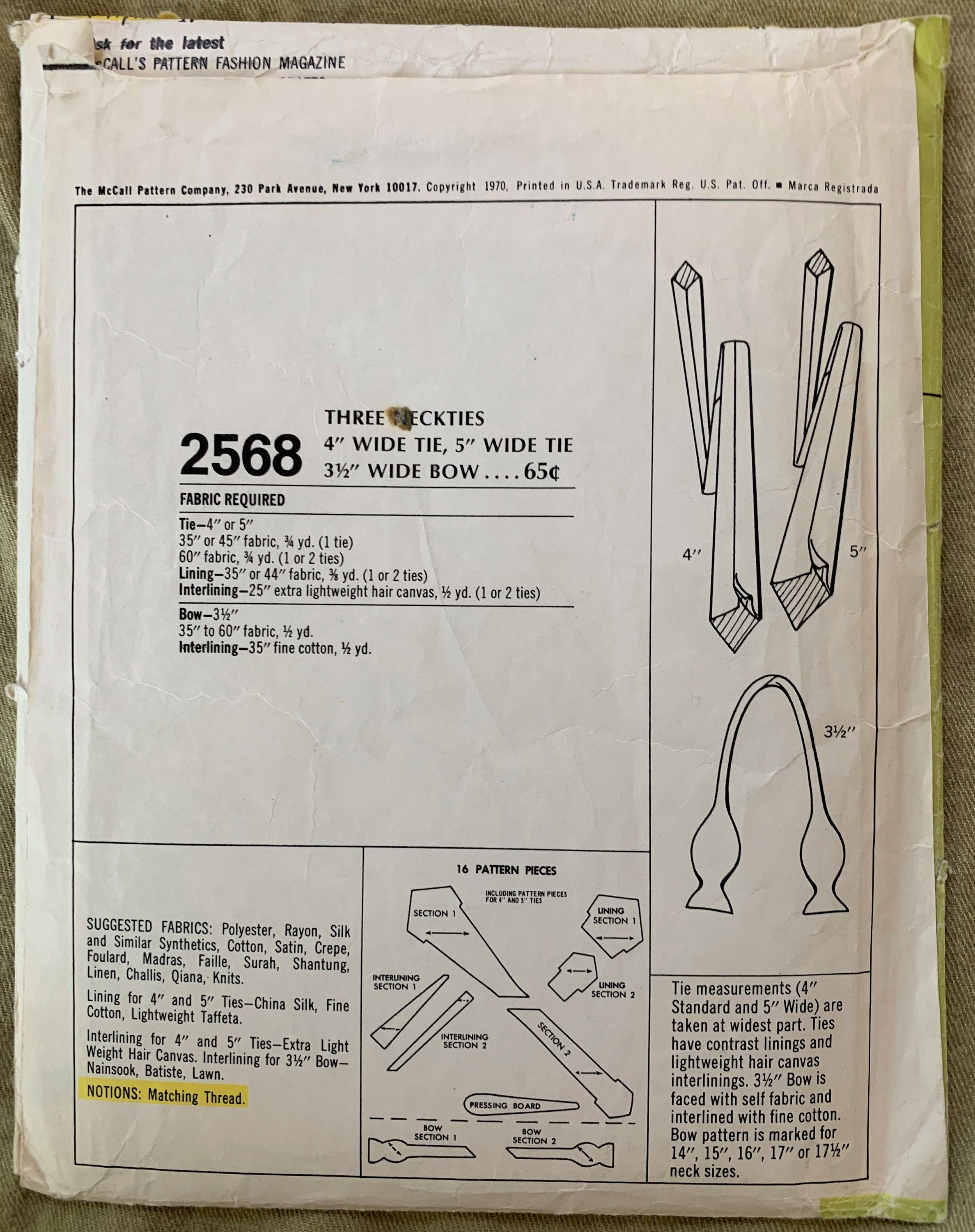 Vintage Mccall's Pattern 2568, Neck Ties 4 and 5 Wide and Bow Tie 3.5 ...