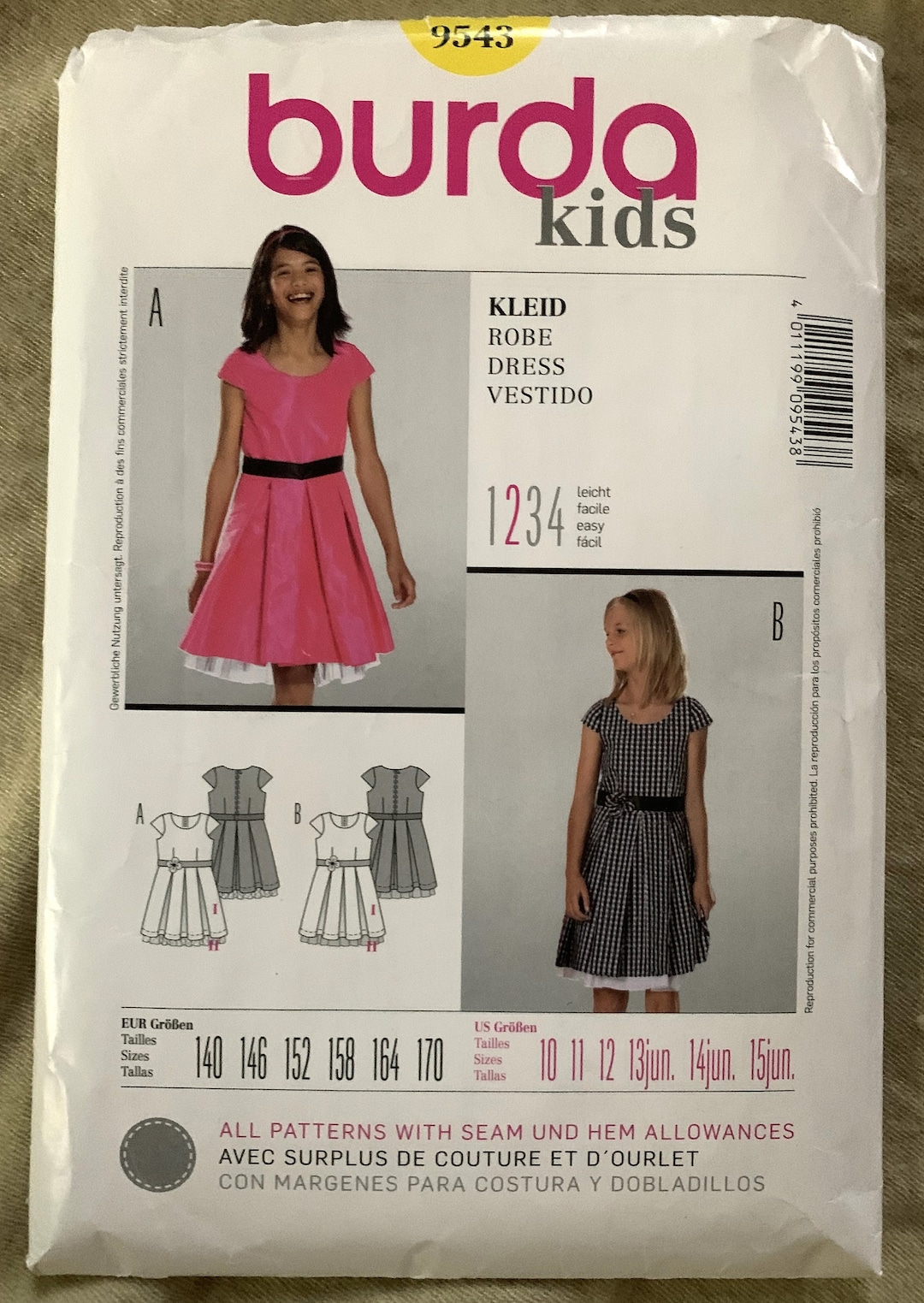 2010 Burda Pattern 9543, Girls' Dress, CUT, Size 10/11/12/13jun/14jun ...