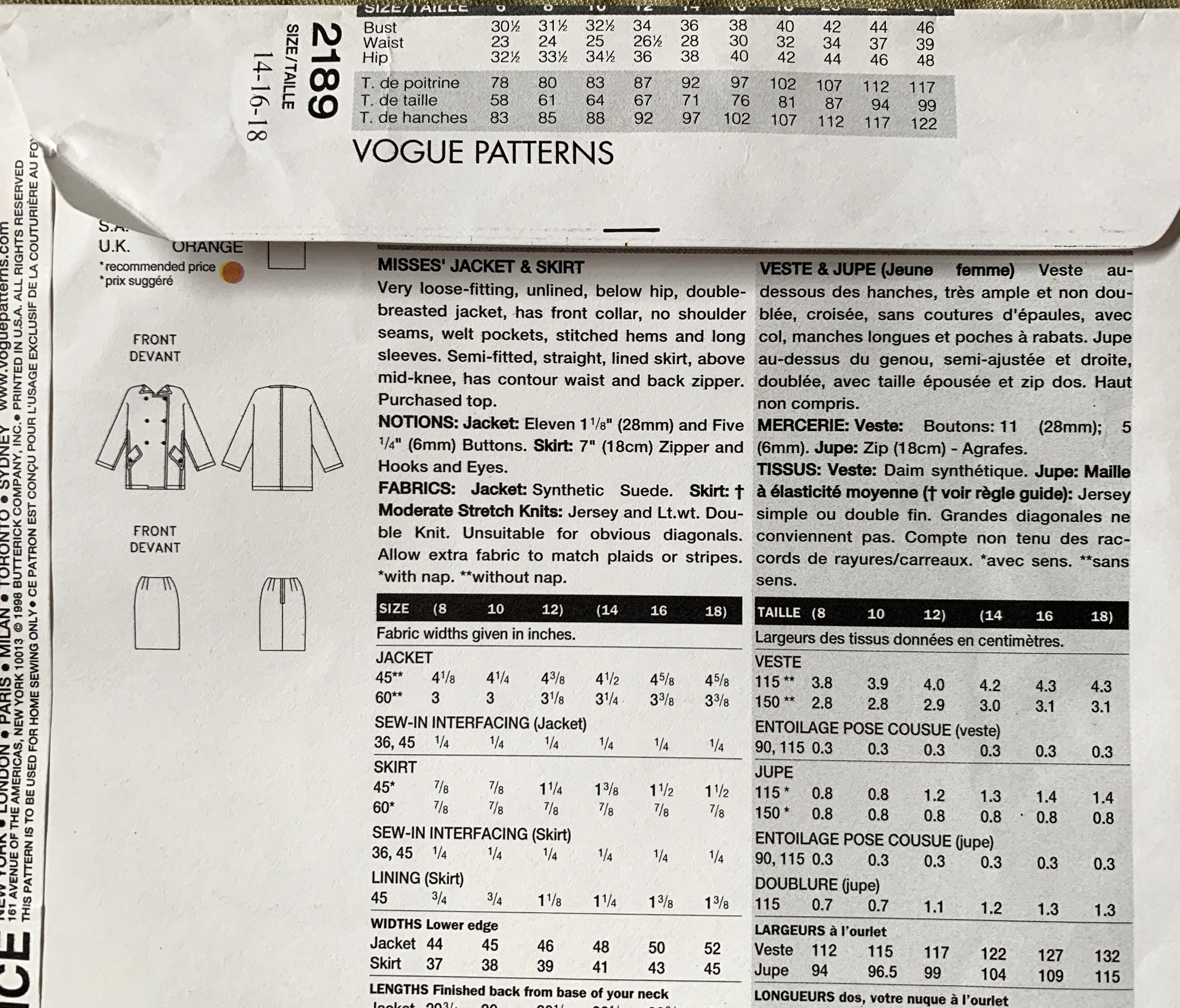 Vintage 1990's Vogue Pattern 2189 American Designer - Etsy