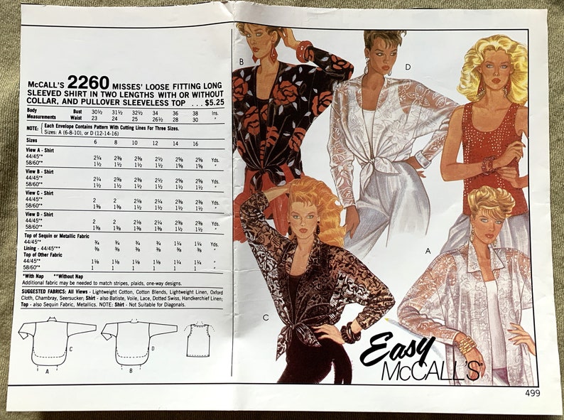 Vintage 1980's Easy Mccall's Pattern 2260, Misses' Shirts, UNCUT, Size ...