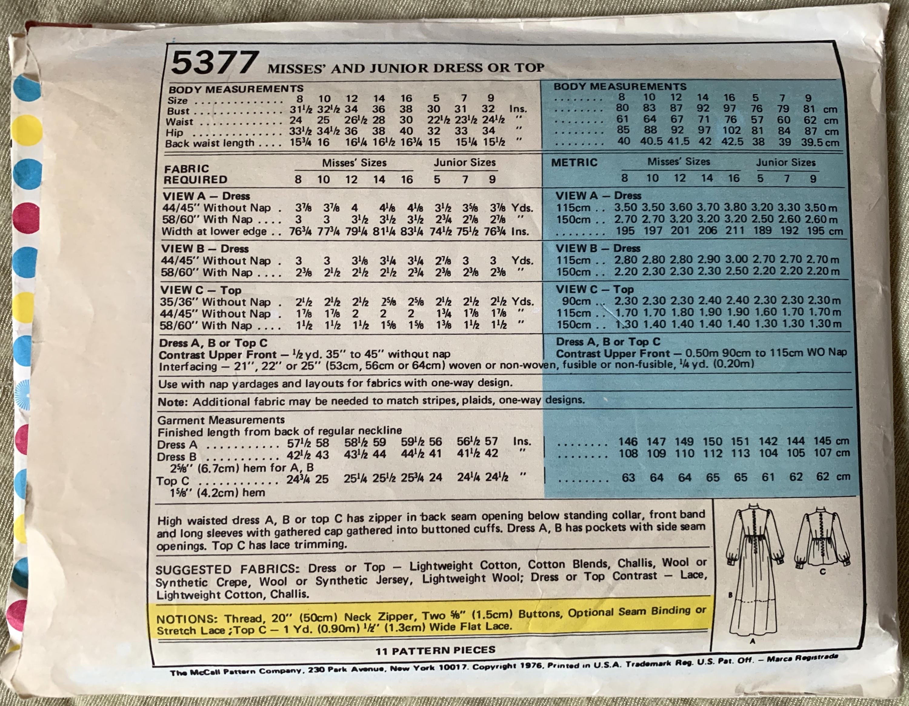 Vintage 1970's Mccall's Pattern 5377, Junior Dress or Top, CUT, Size 9 ...