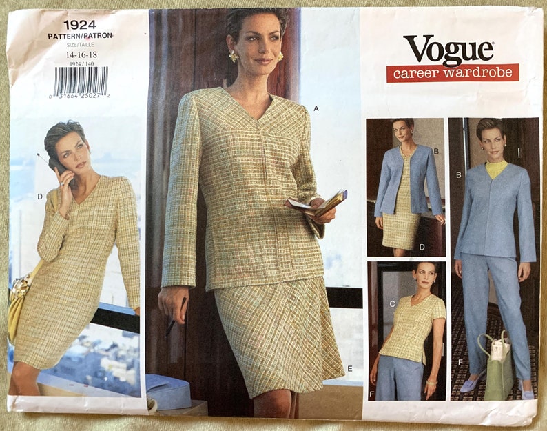 Vintage 1990's Vogue Pattern 1924, Vogue Career Wardrobe, Misses ...