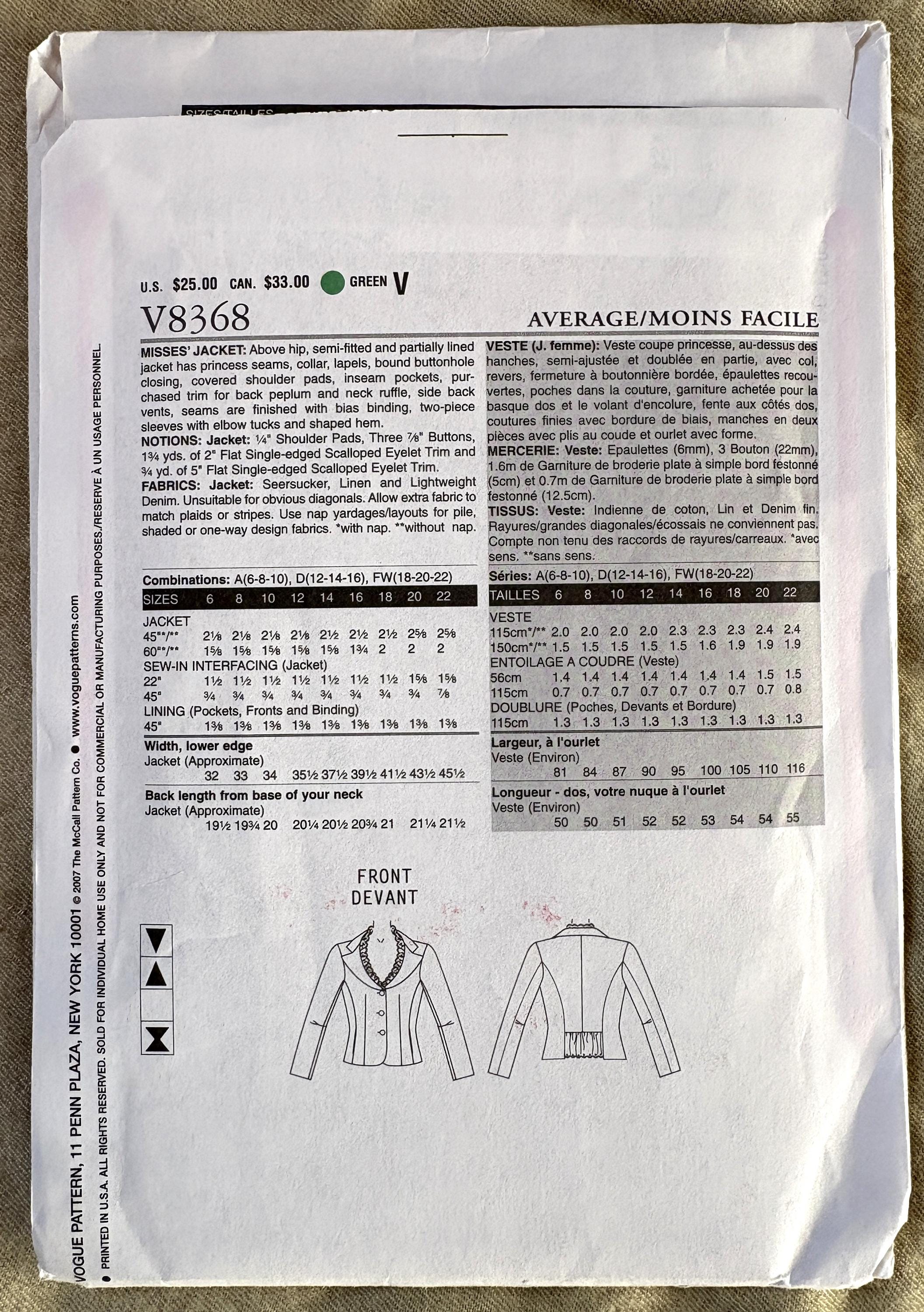 Vogue Pattern V8368, Divine Details, Misses' Jacket, UNCUT/FF, Size D ...
