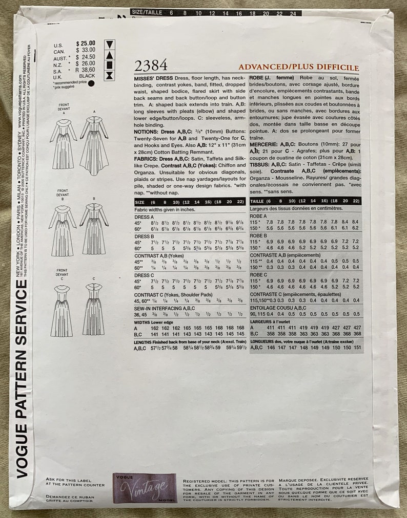 Vogue Vintage Model Pattern 2384, Original 1944 Design, Misses' Wedding ...