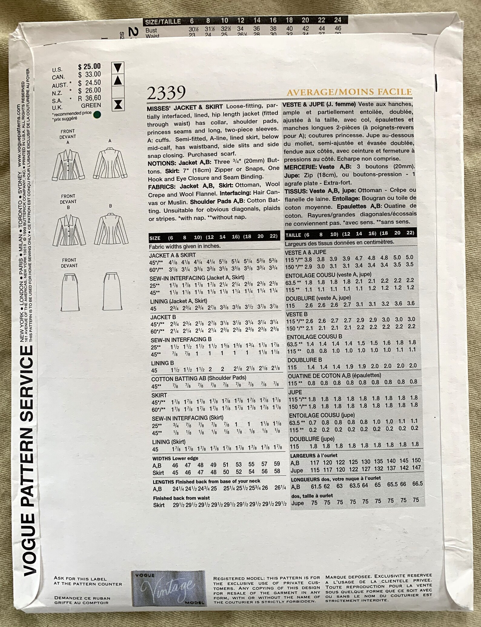Vogue Vintage Model Pattern 2339, Original 1948 Design, Misses' Jacket ...