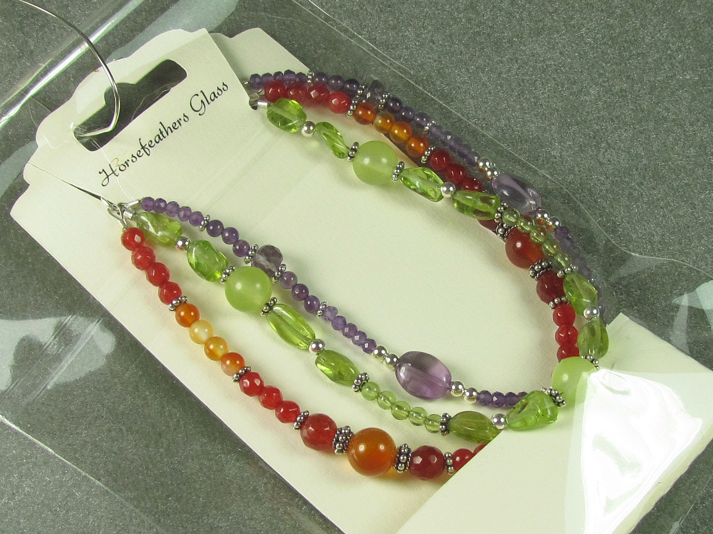 Handmade 3-strand bracelet with peridot, carnelian and amethyst with ...