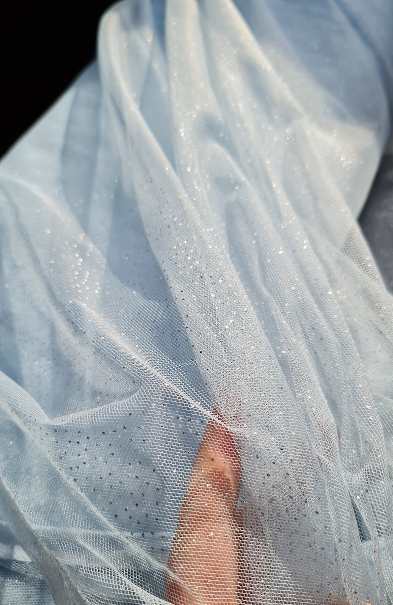 Sparkling Soft Mesh Tulle in Light Blue Color With Silver Print Dots LL ...