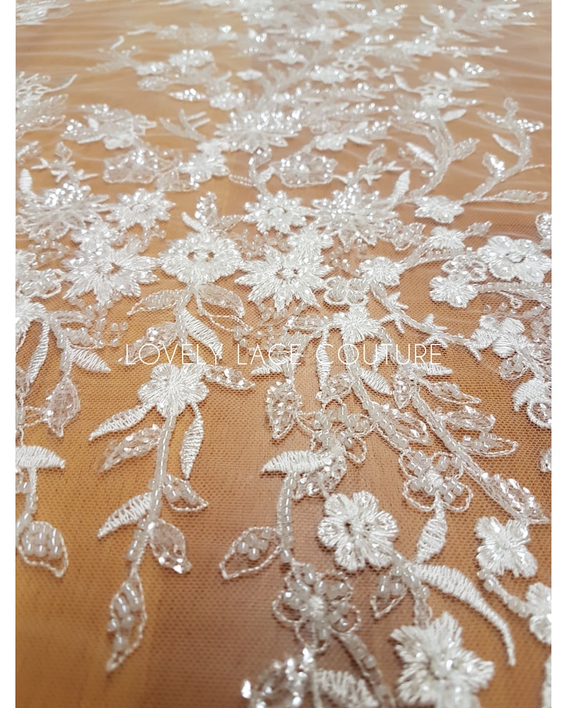 Flower Bridal Lace Fabric With Beads and Sequins, Floral Beaded Wedding ...