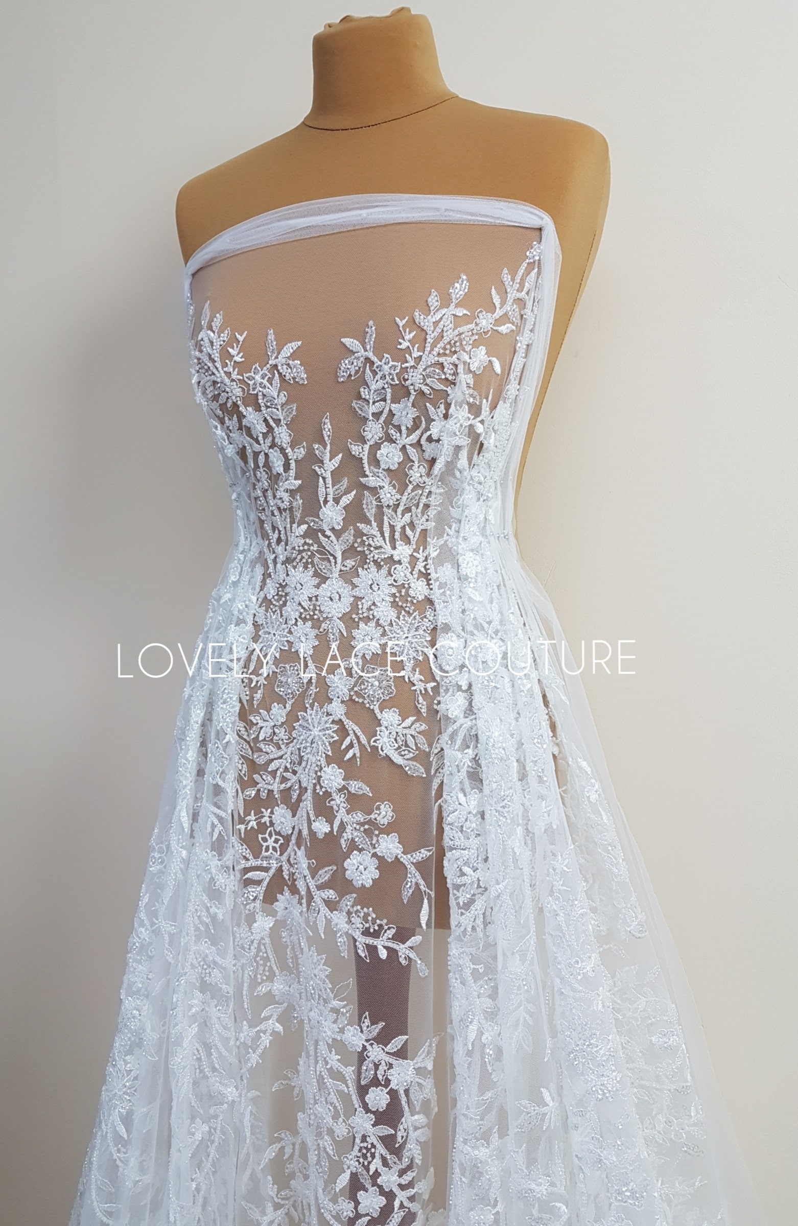 Flower Bridal Lace Fabric With Beads and Sequins, Floral Beaded Wedding ...