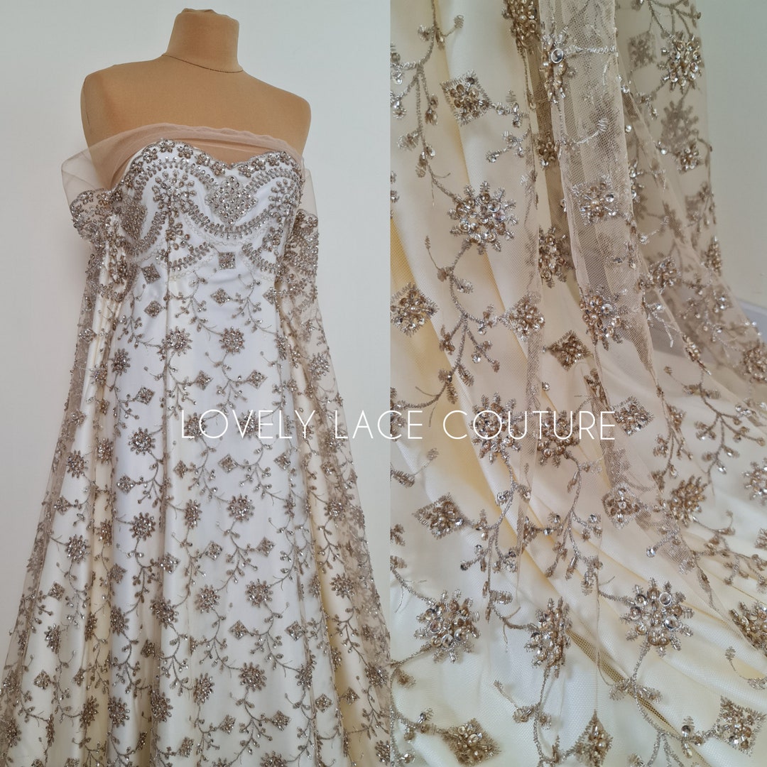 Rare Handmade Lace Fabric in Gold Color With Embroidery on Fabric ...