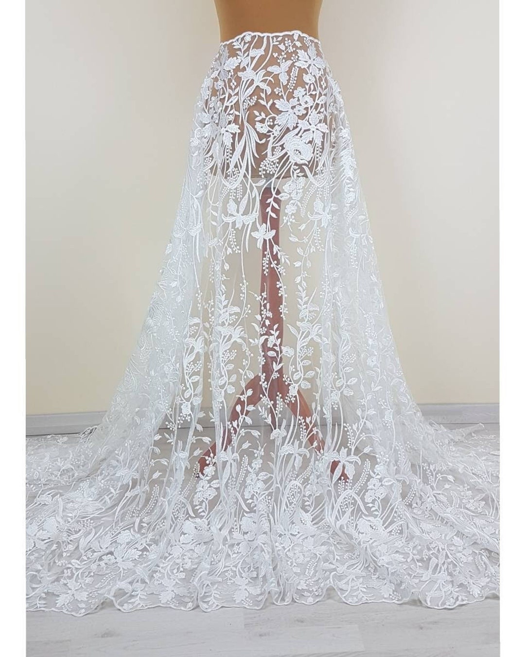 Lace for Gown, Floral Lace Fabric With Transparent Sequins in White ...