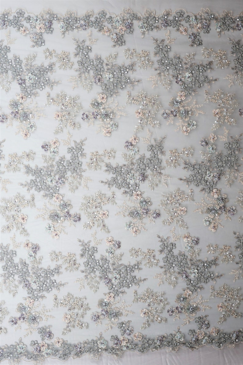 Handbeaded Floral Lace Fabric, Pistachio Multicolor Embroidery, LL-1137 ...