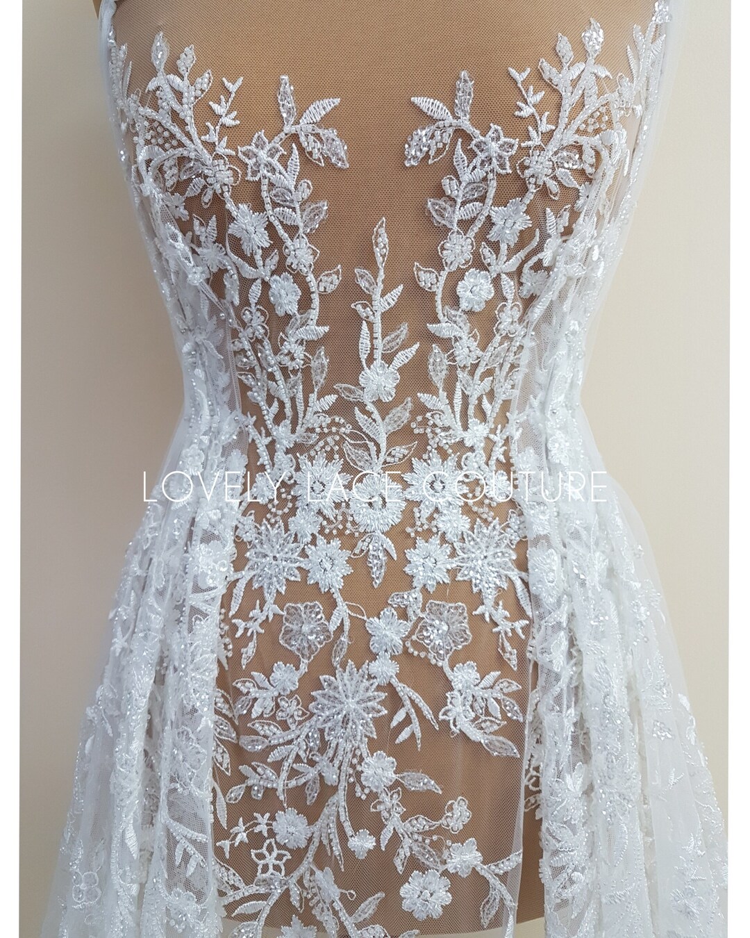 Flower Bridal Lace Fabric With Beads and Sequins, Floral Beaded Wedding ...