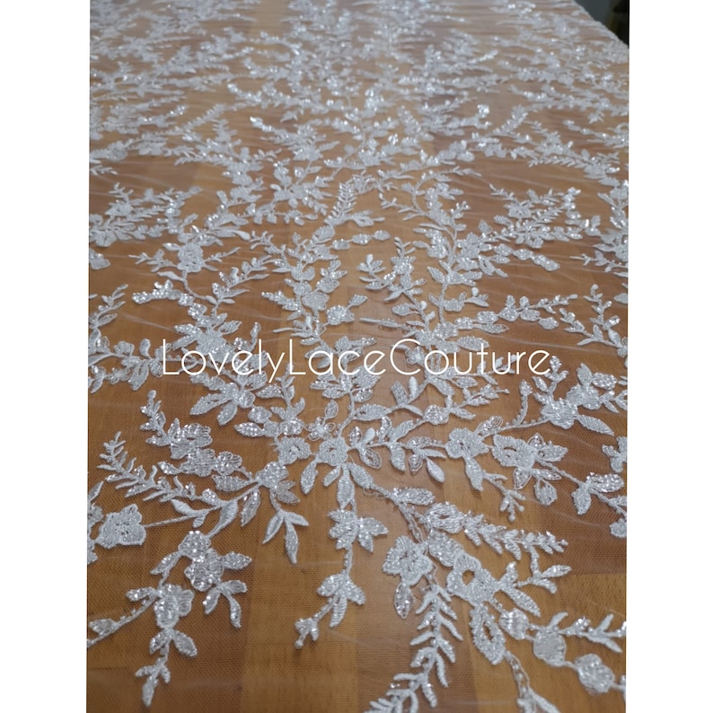 LL-1376, Beaded Flower Bridal Lace Fabric, Off-white Couture Wedding ...