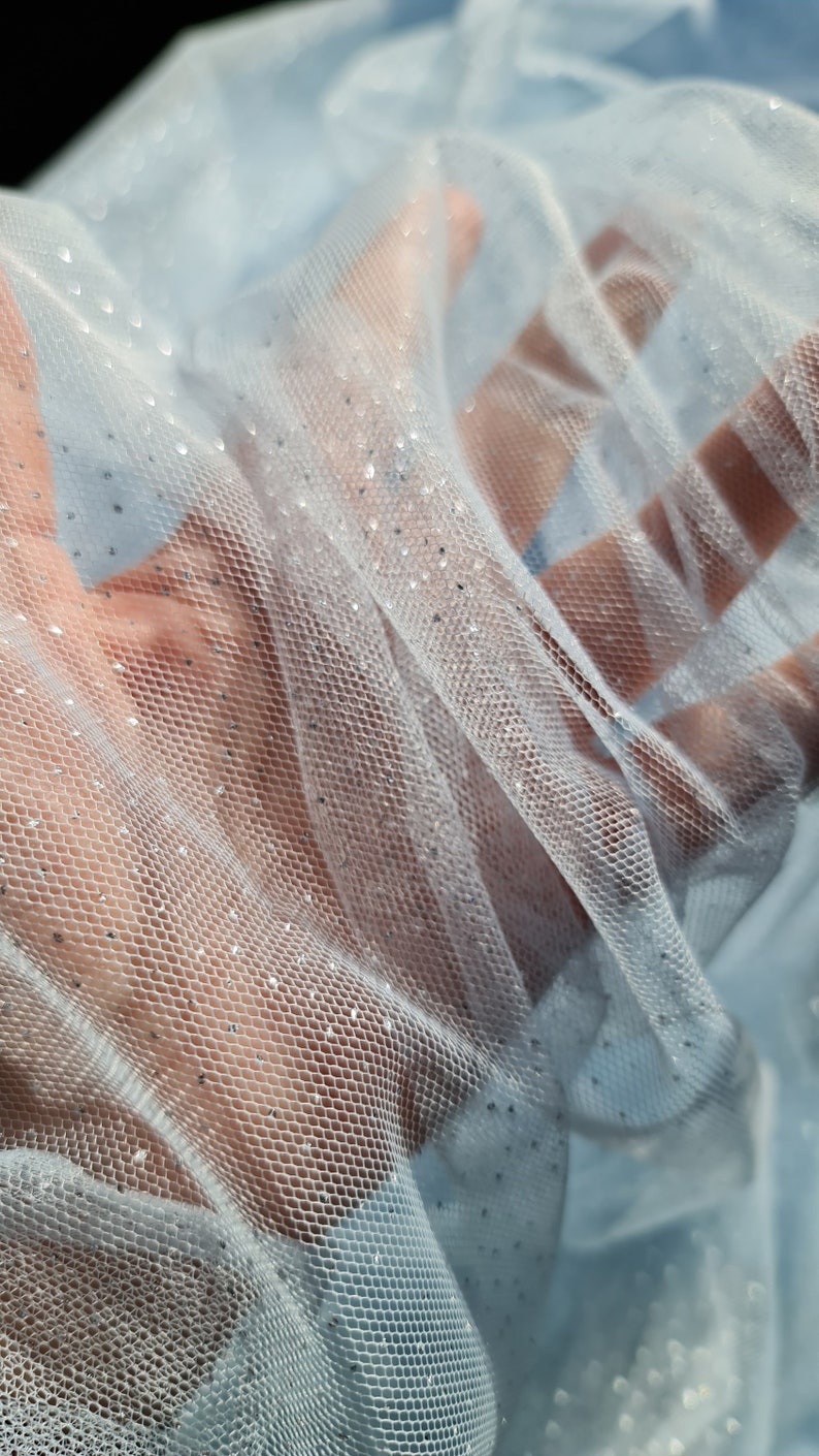 Sparkling Soft Mesh Tulle in Light Blue Color With Silver Print Dots LL ...