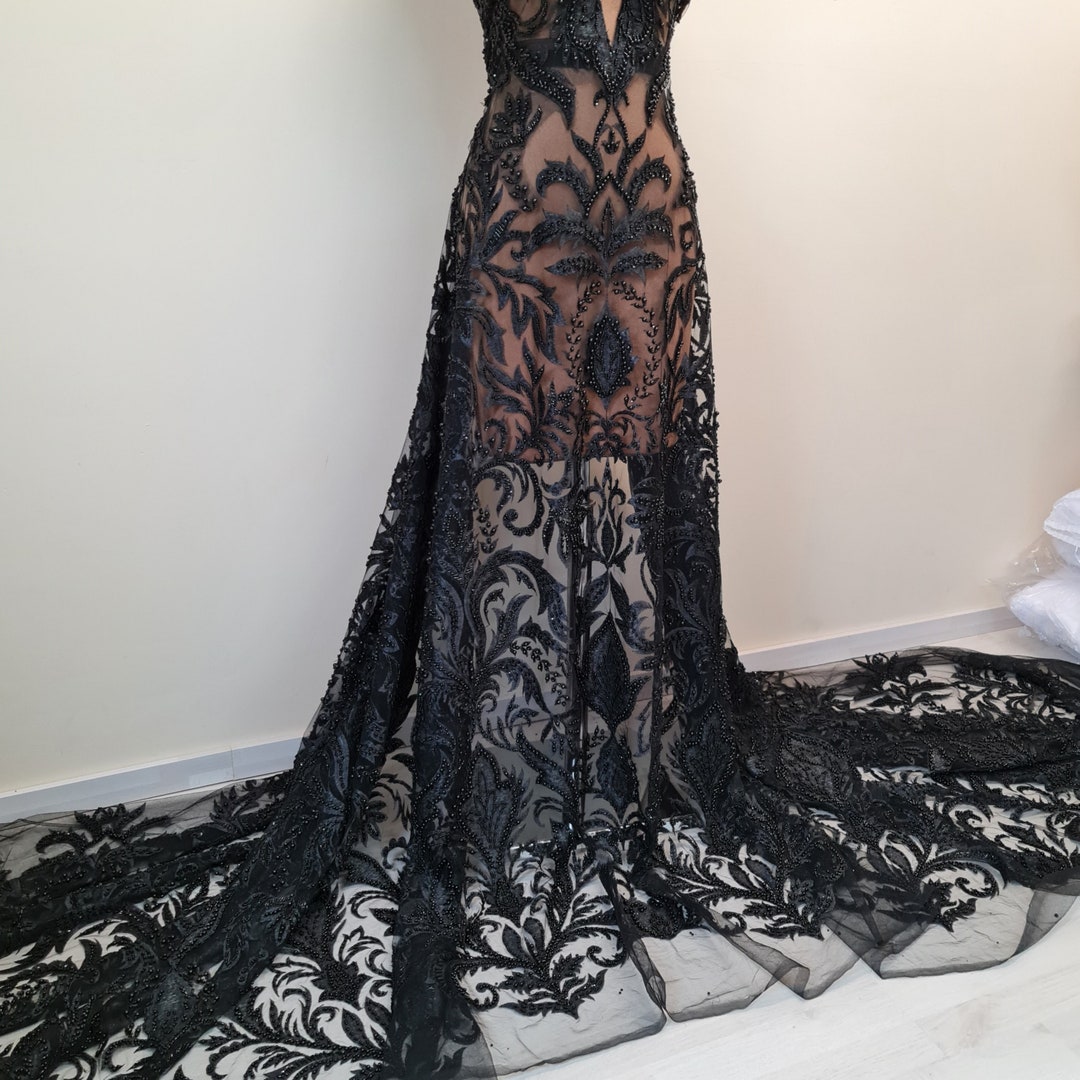 LL-1271, Black Lace Fabric With Ornaments for Black Wedding Dress Prom ...