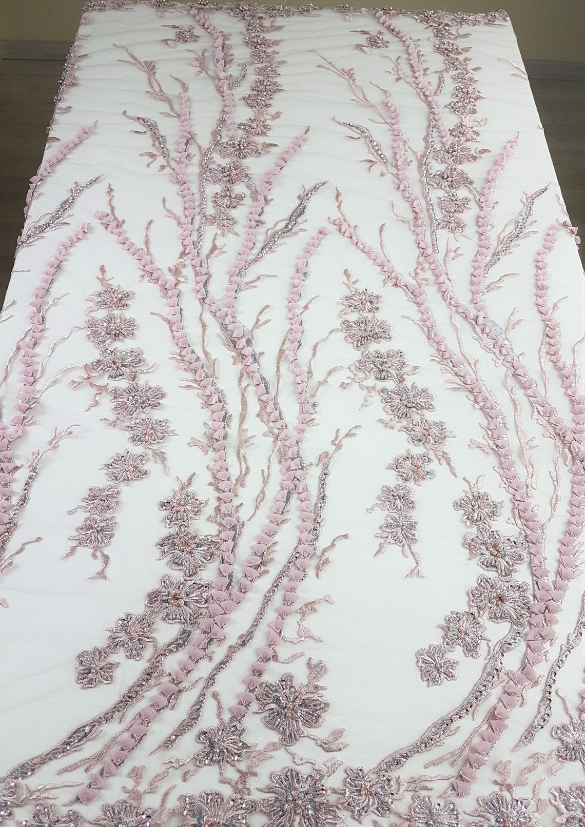 3d-handbeaded Lace Fabric With Flowers Couture Lace Bridal | Etsy