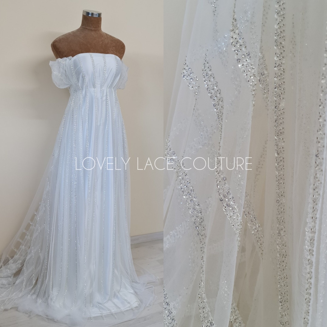 Beautiful Modern Lace Fabric With Beads and Sequins in White Color ...