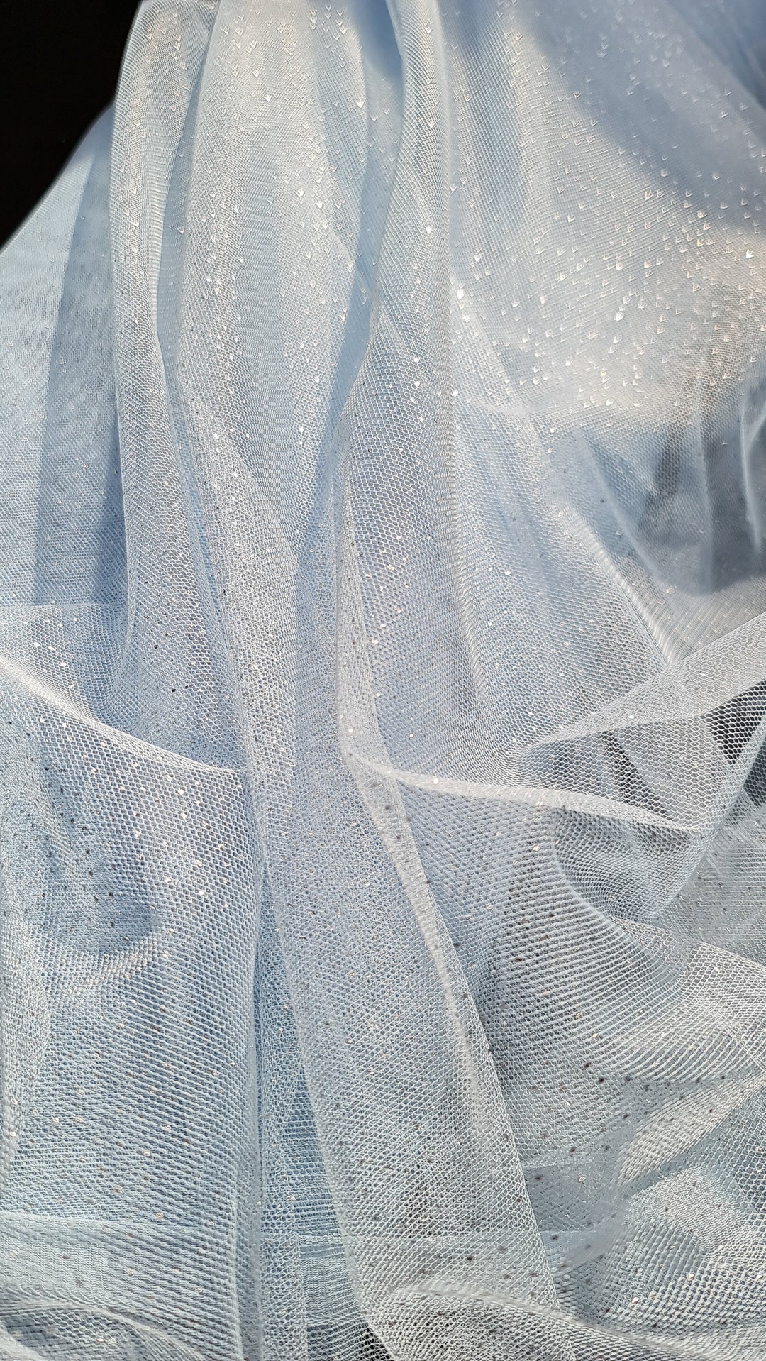 Sparkling Soft Mesh Tulle in Light Blue Color With Silver Print Dots LL ...