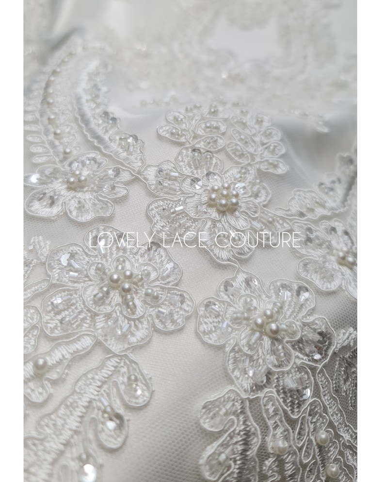 LL-1131, White Bridal Lace Fabric With Flowers, Pearls & Sequins - Etsy