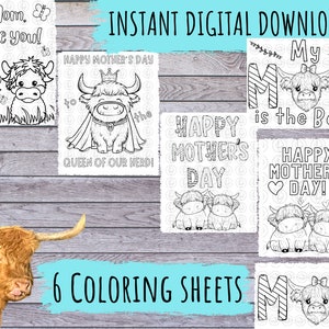 Happy Mothers Day Coloring Highland Cow Coloring PNG Instant Download ...