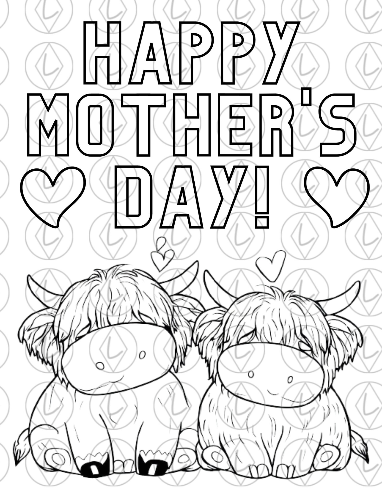 Happy Mothers Day Coloring Highland Cow Coloring PNG Instant Download ...