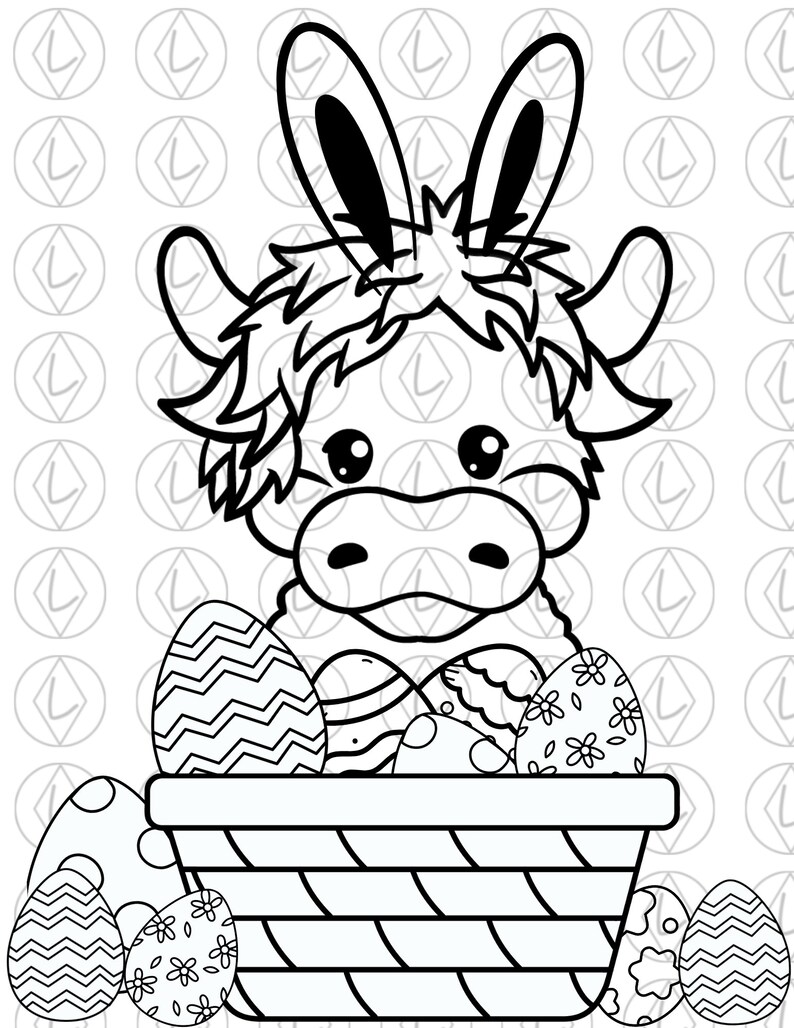 Easter Cow Coloring Pages Highland Cow Easter Printable Instant ...