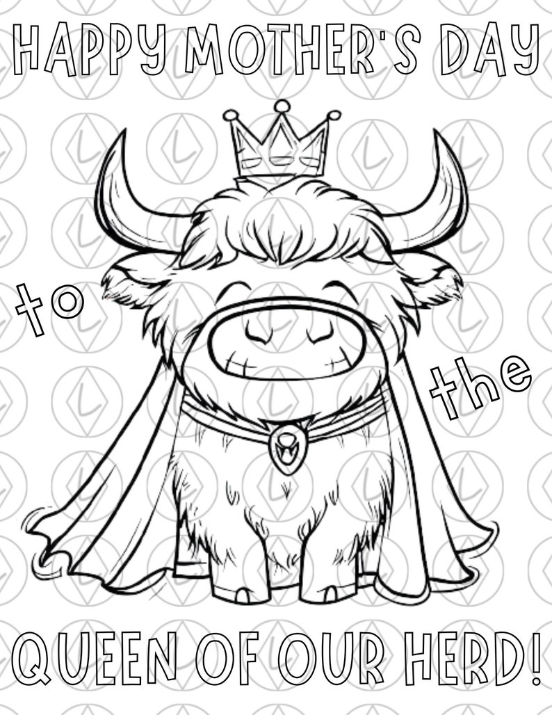 Happy Mothers Day Coloring Highland Cow Coloring PNG Instant Download ...