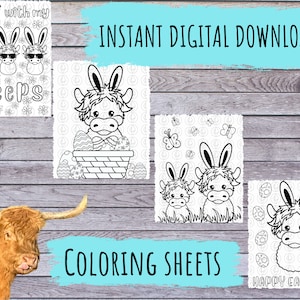 Easter Highland Cow Coloring Pages: Bunny Designs (digital Download) - Etsy