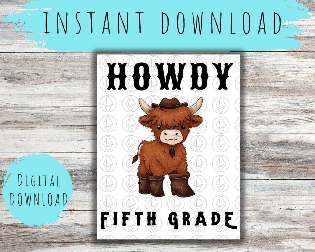 Howdy Fifth Grade Western Classroom Decor, Cowboy Cow Art (instant ...