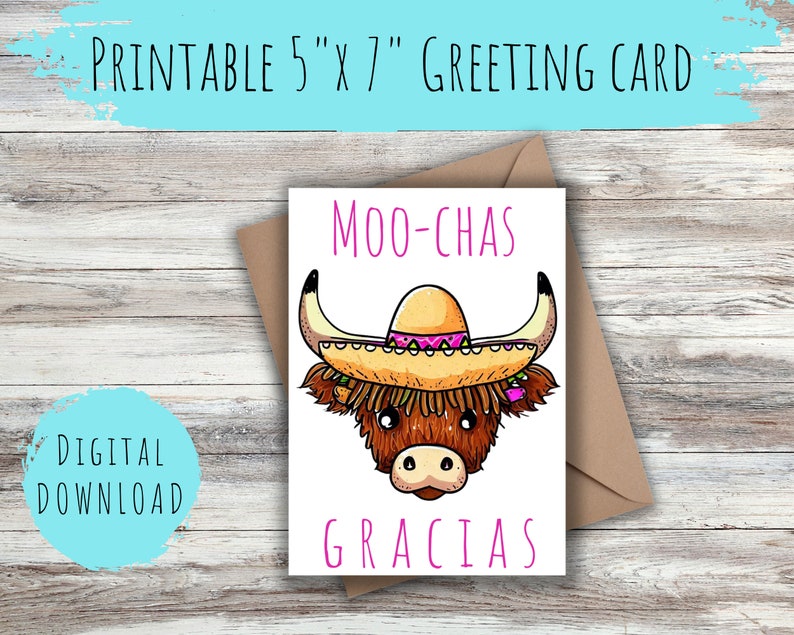 Moochas Gracias Printable Thank You Card INSTANT DOWNLOAD Highland Cow ...