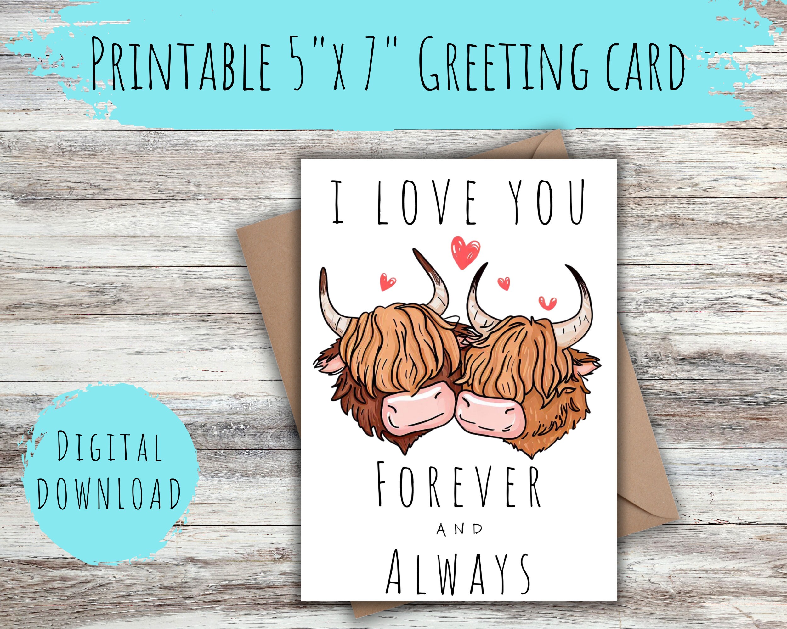 Highland Cow Valentines Day Card INSTANT DOWNLOAD Card Printable Love ...