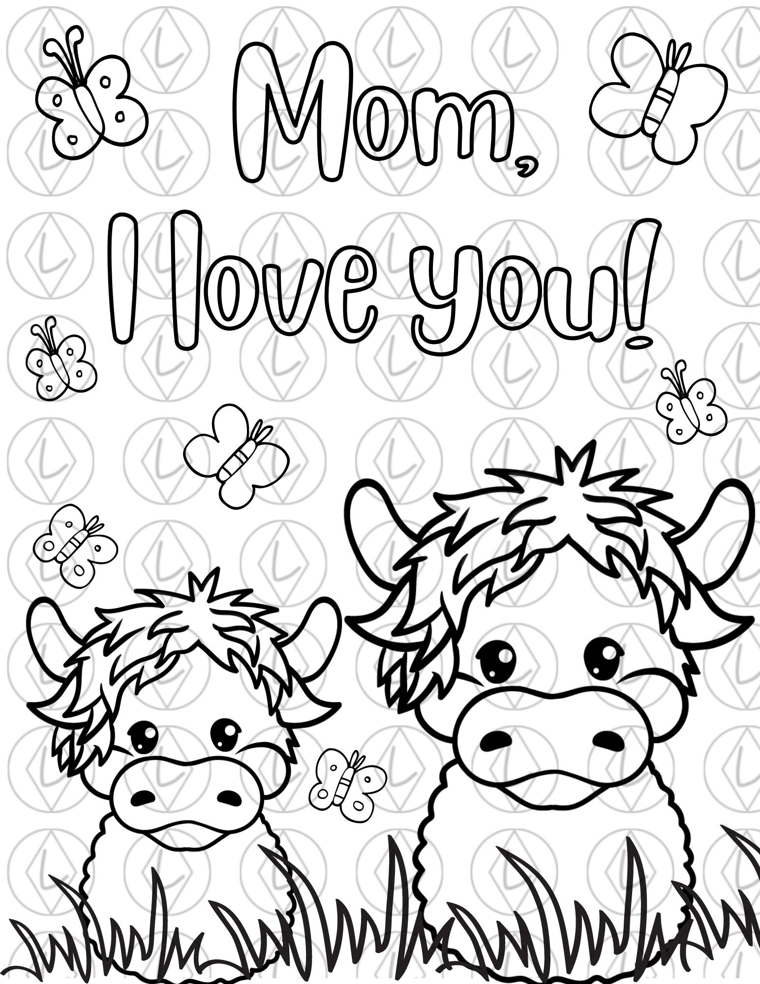 Happy Mothers Day Coloring Highland Cow Coloring PNG Instant Download ...