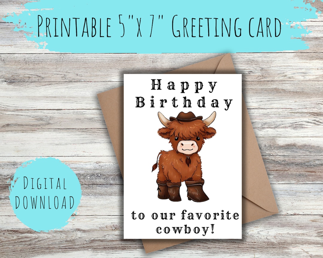 Birthday Card Printable Cowboy Card INSTANT DOWNLOAD Cow Card Highland ...