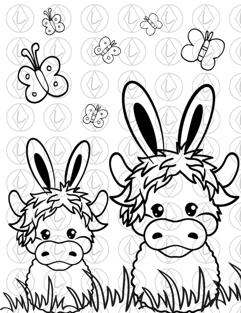 Easter Highland Cow Coloring Pages: Bunny Designs (digital Download) - Etsy