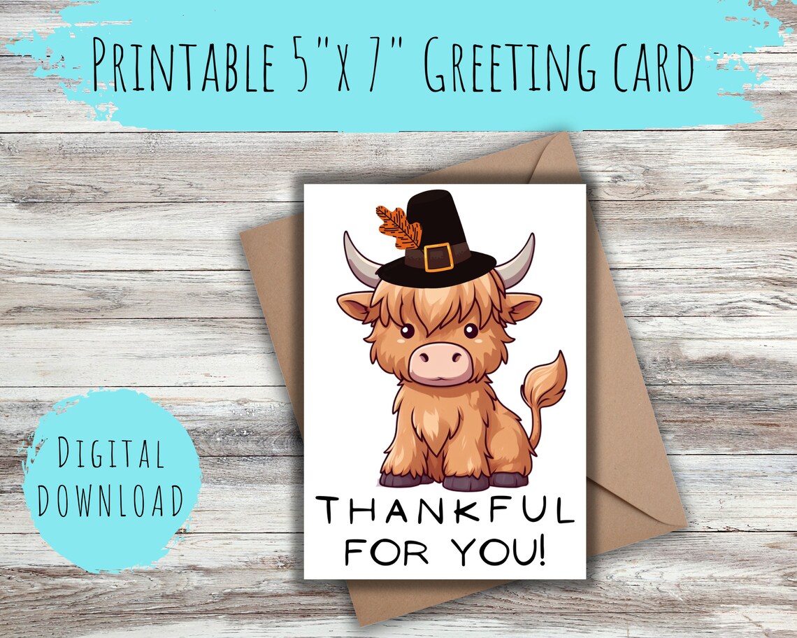 Thanksgiving Card Printable INSTANT DOWNLOAD Thanksgiving Cow Card ...