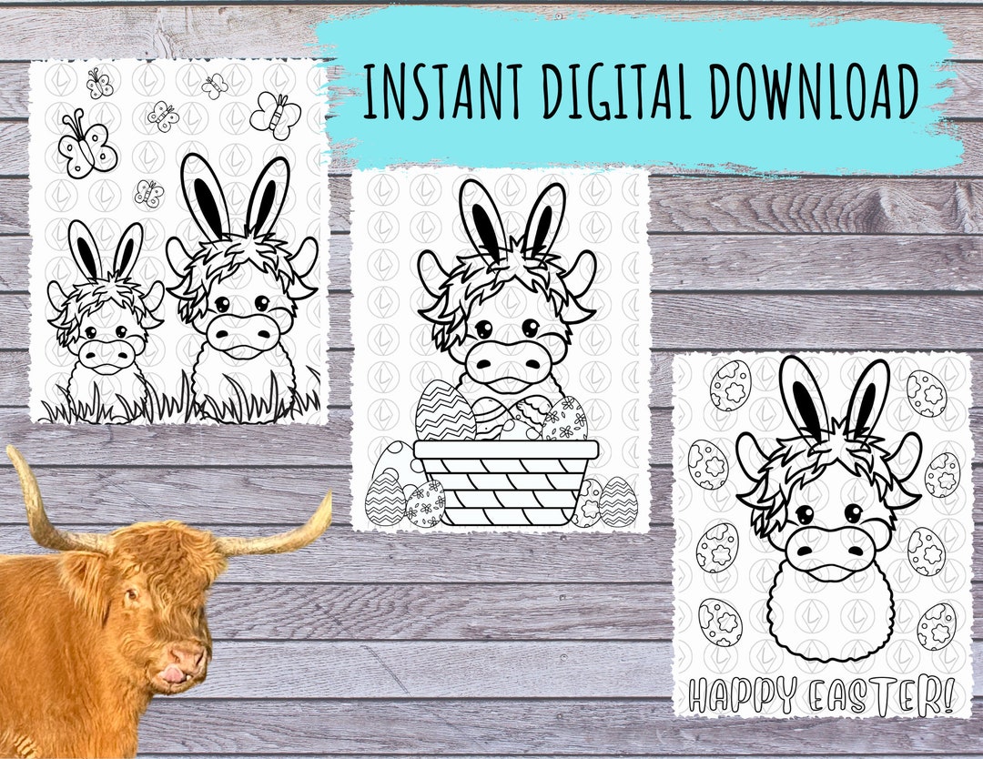 Easter Cow Coloring Pages Highland Cow Easter Printable - Etsy